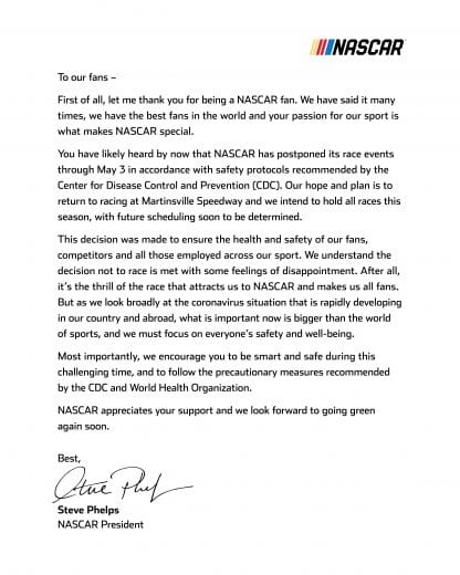 A Letter to NASCAR Fans