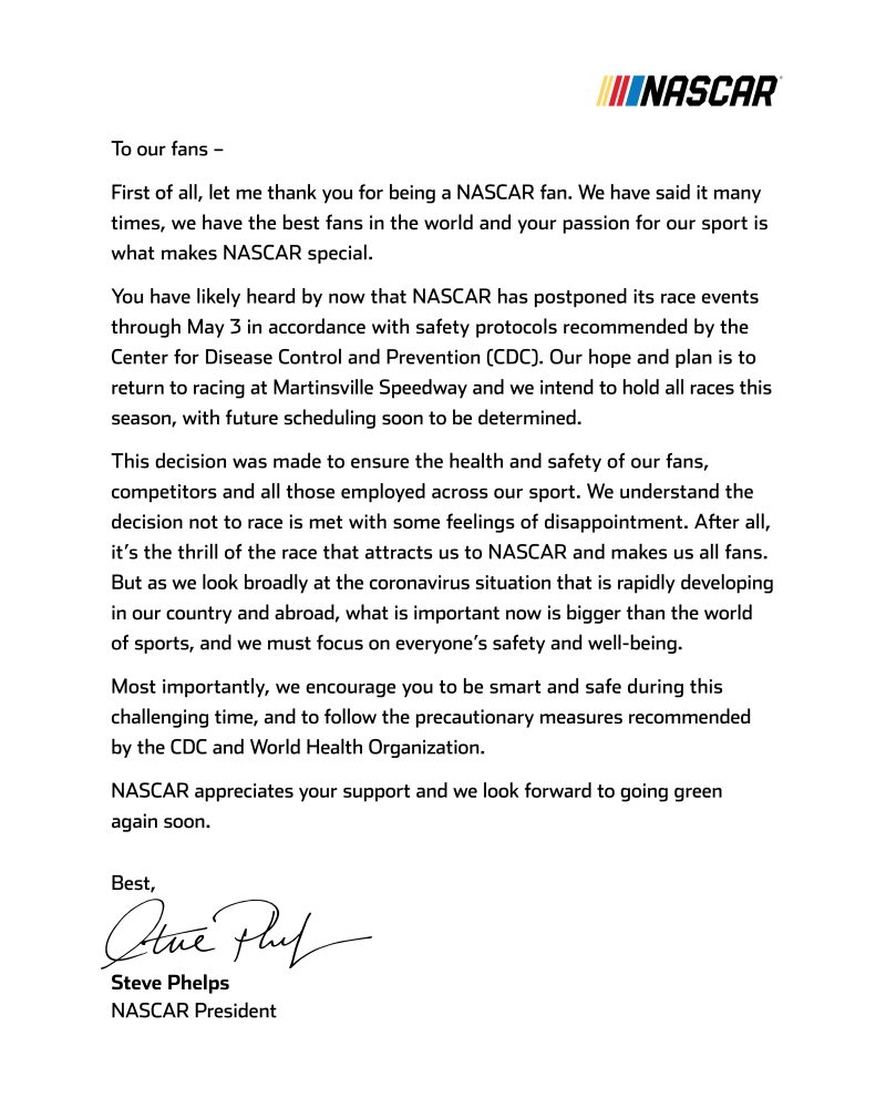 A letter to NASCAR fans | NASCAR