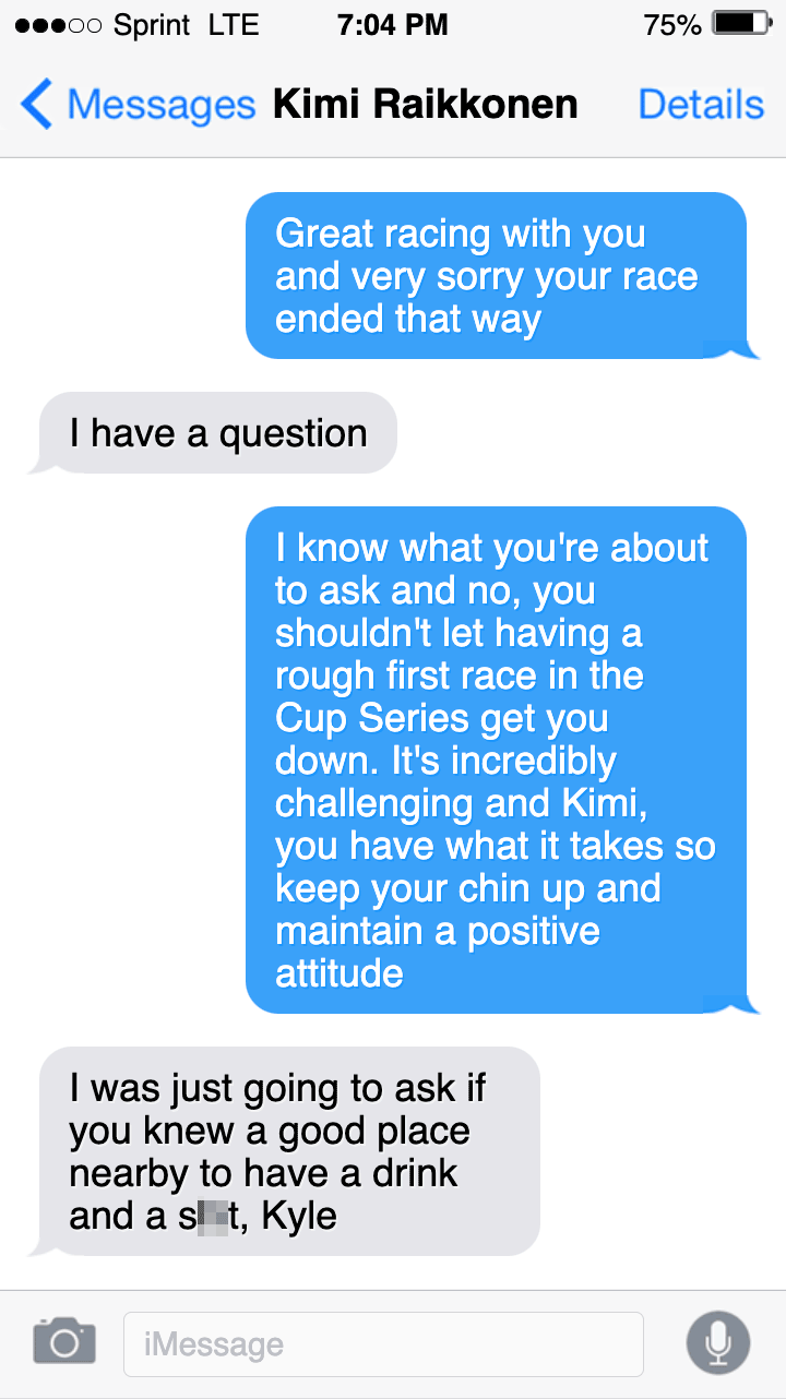 @nascarcasm: Fake texts to Watkins Glen winner Kyle Larson | NASCAR