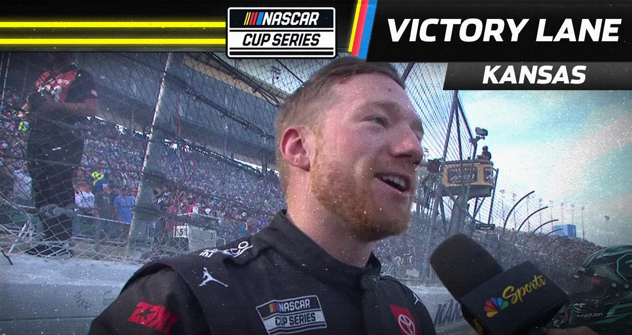 Reddick reacts to three-wide move to win at Kansas | NASCAR