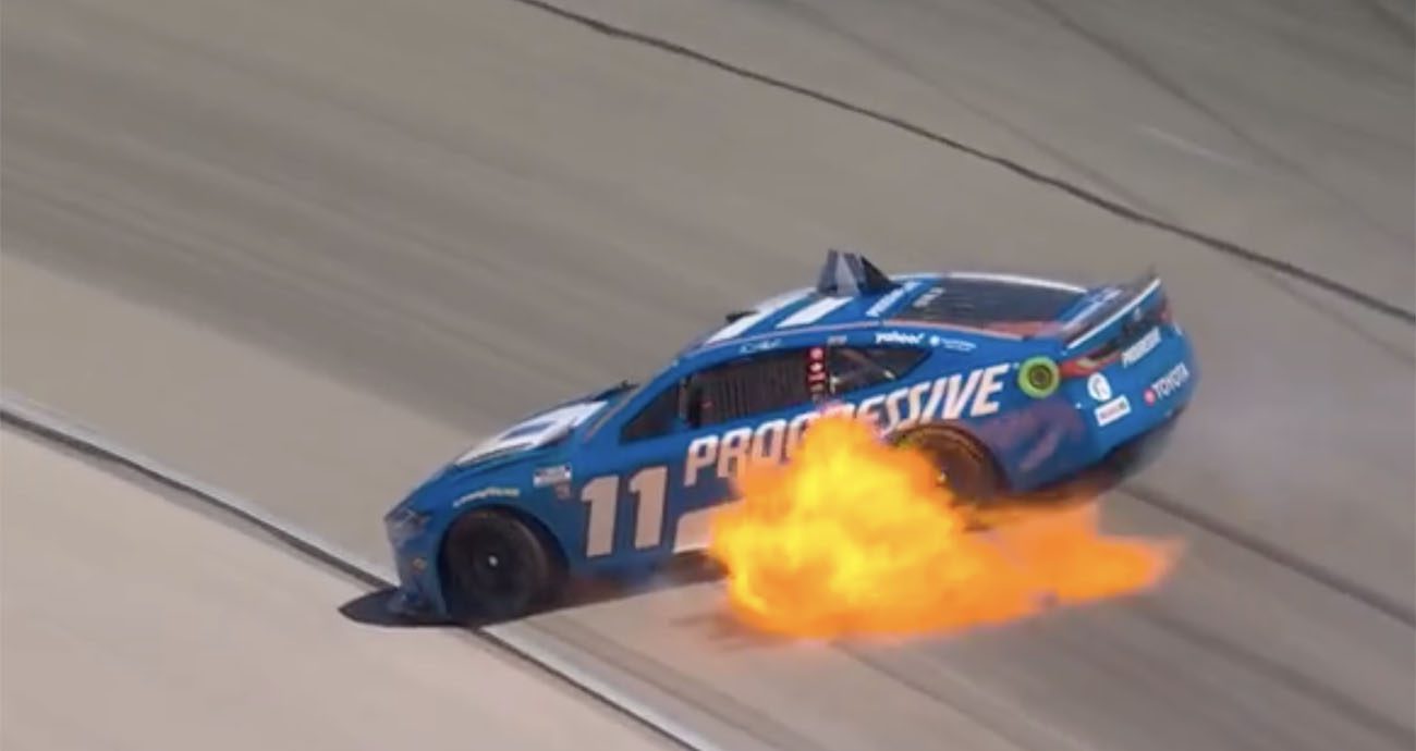 Denny Hamlin's engine expires, car catches fire | NASCAR