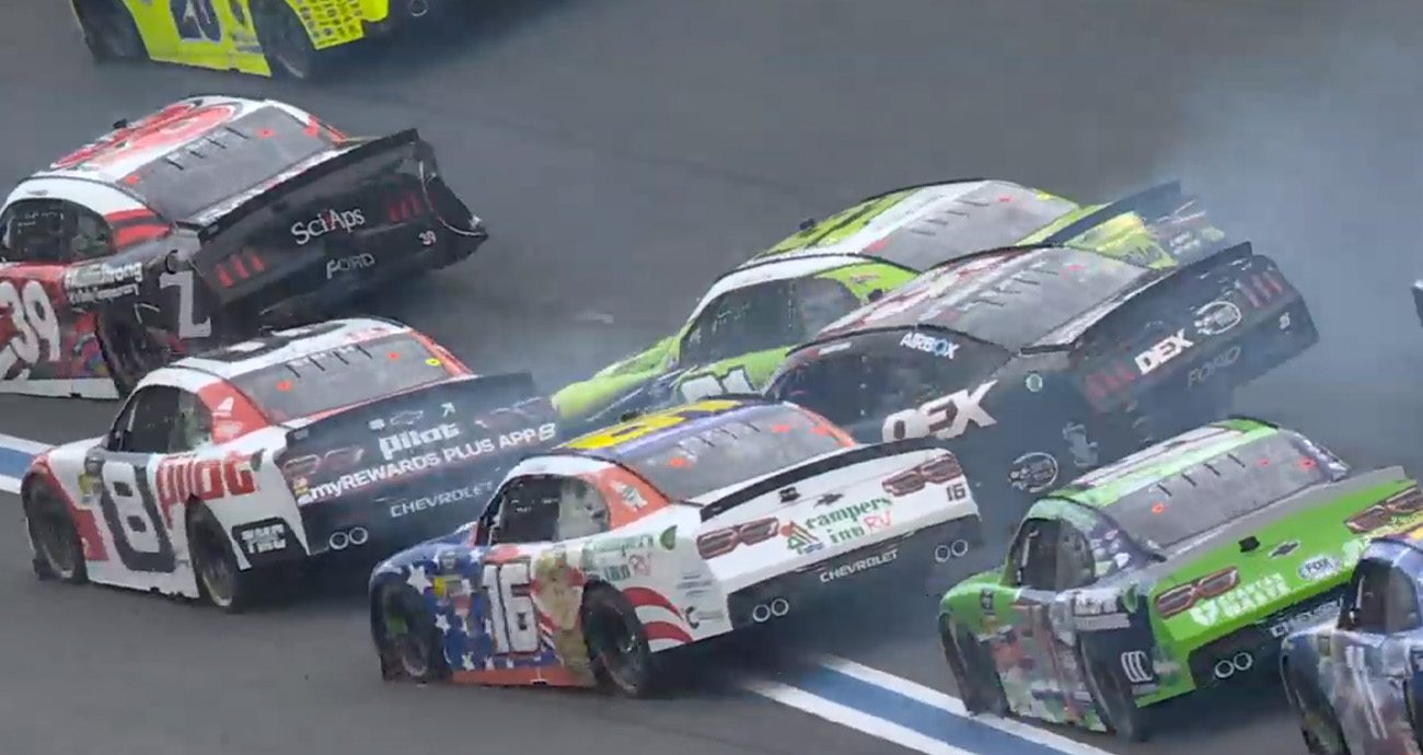 Three-wide into Turn 1 triggers big restart wreck - NASCAR