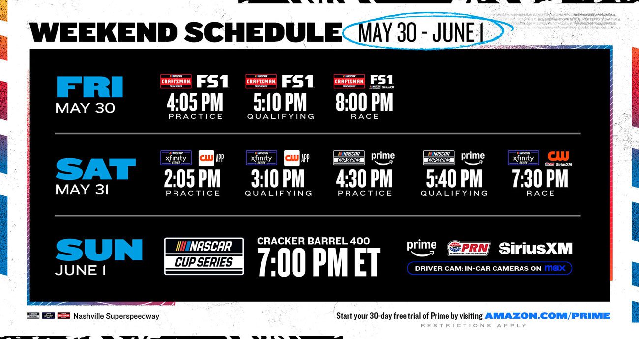 Weekend schedule for 2025 Nashville | NASCAR