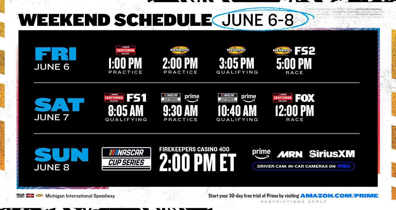 Weekend schedule for 2025 Michigan | NASCAR