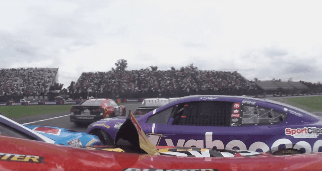 Elbows out! Chaos ensues in midpack through first corners on restart ...