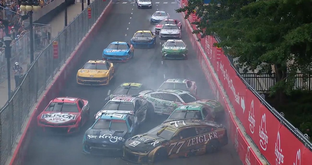 Multiple cars pile up as Carson Hocevar slams wall early - NASCAR