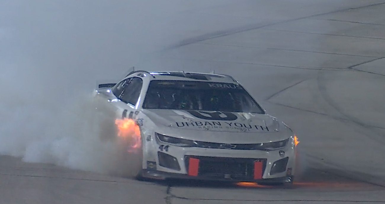 Derek Kraus climbs from vehicle as No. 44 catches fire at Darlington ...