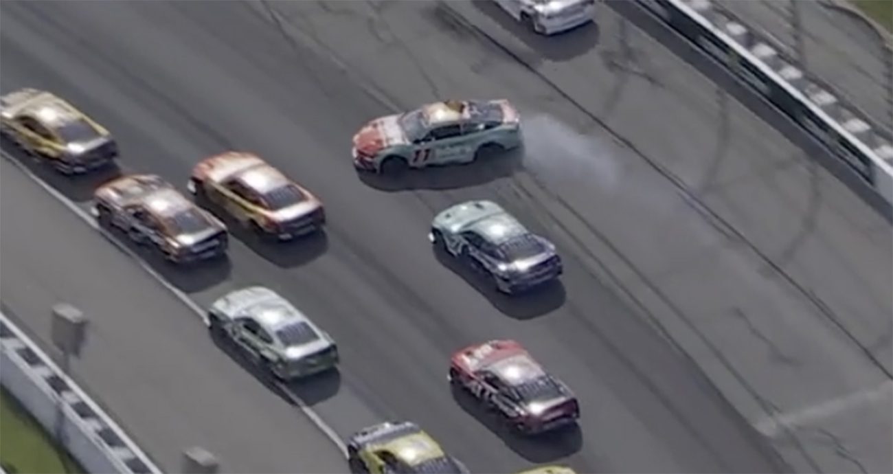 Denny Hamlin spins early in final stage after contact during four-wide ...