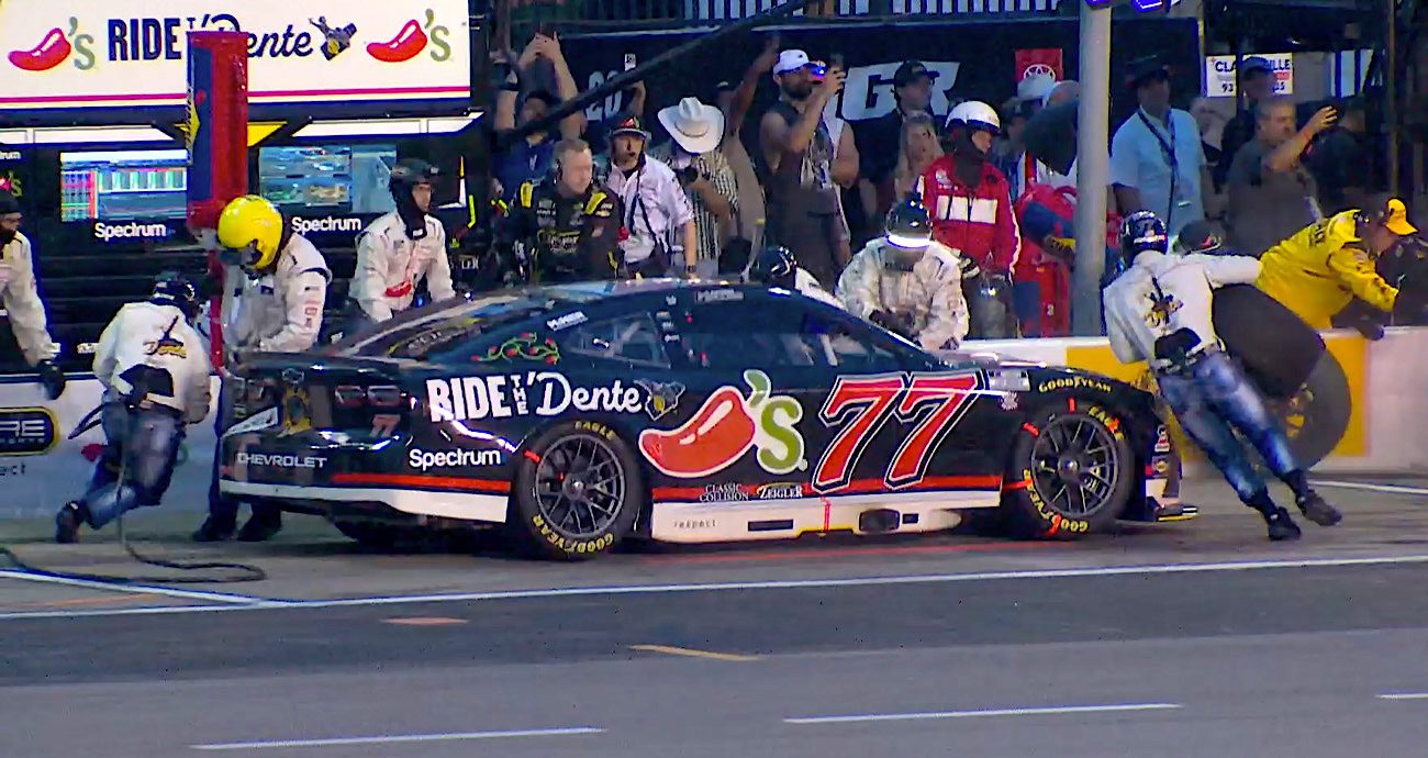 Carson Hocevar exits pit with tape on front of car | NASCAR